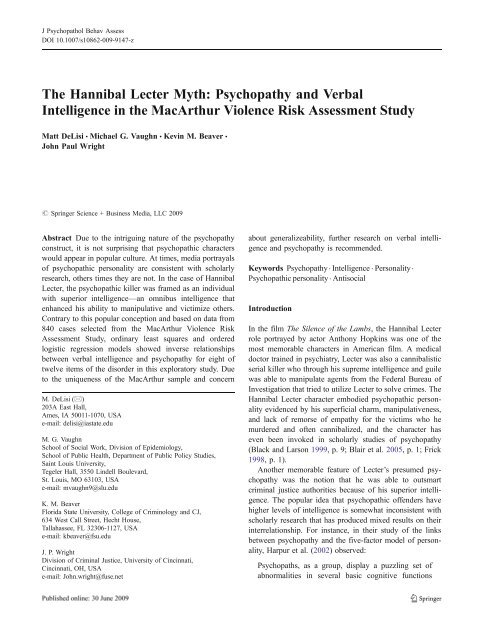 The Hannibal Lecter Myth: Psychopathy and Verbal Intelligence in ...