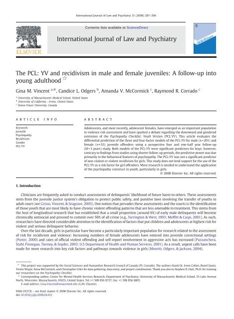 The PCL: YV and recidivism in male and female ... - Sites@Duke