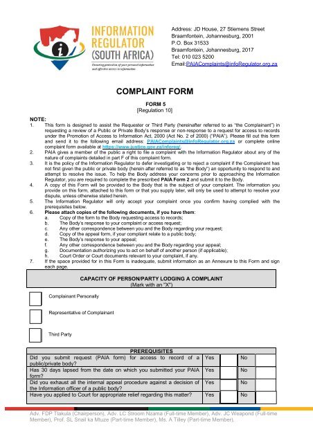 Information Regulator Form