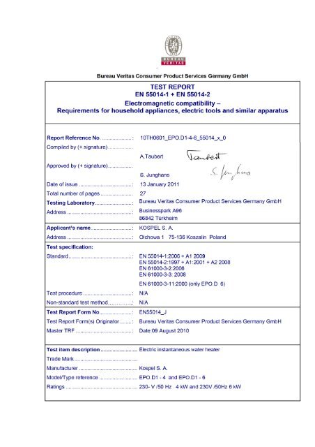 TEST REPORT EN 55014-1 + EN 55014-2 - Kospel