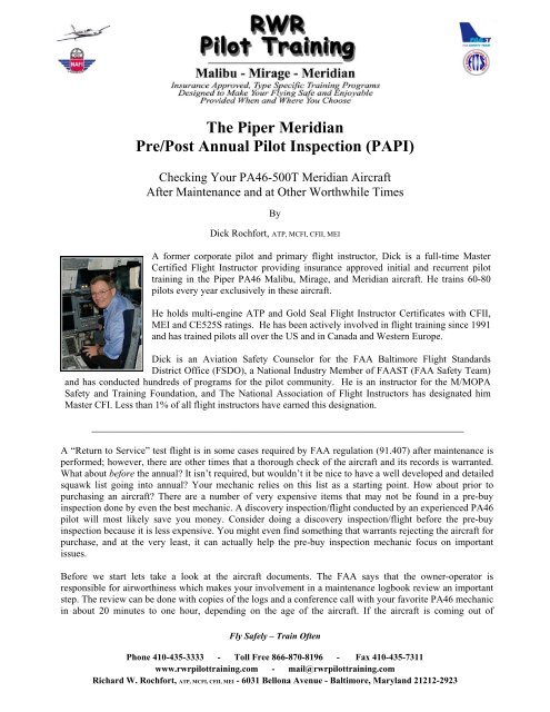 The Piper Meridian Pre/Post Annual Pilot Inspection (PAPI)