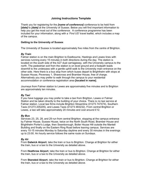 Joining Instructions Template - University of Sussex