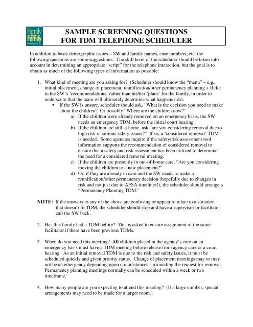 sample screening questions for tdm telephone scheduler