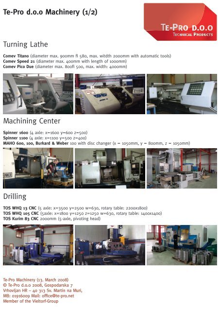 Te-Pro d.o.o Machinery (1/2) Turning Lathe Machining Center Drilling