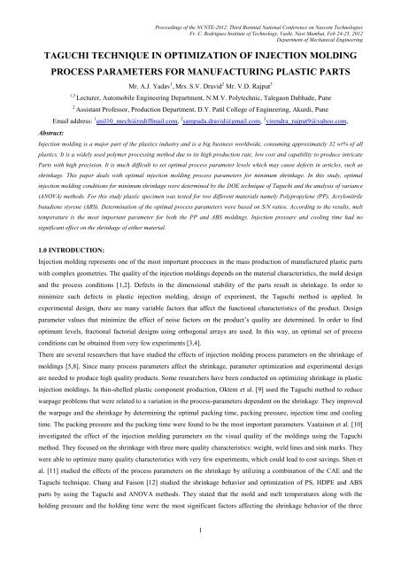 Taguchi Technique In Optimization Of Injection Molding Process Fr C