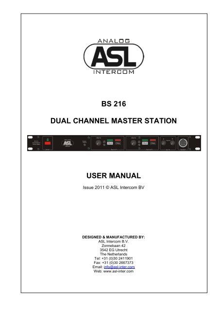 bs 216 dual channel master station user manual - ASL Intercom