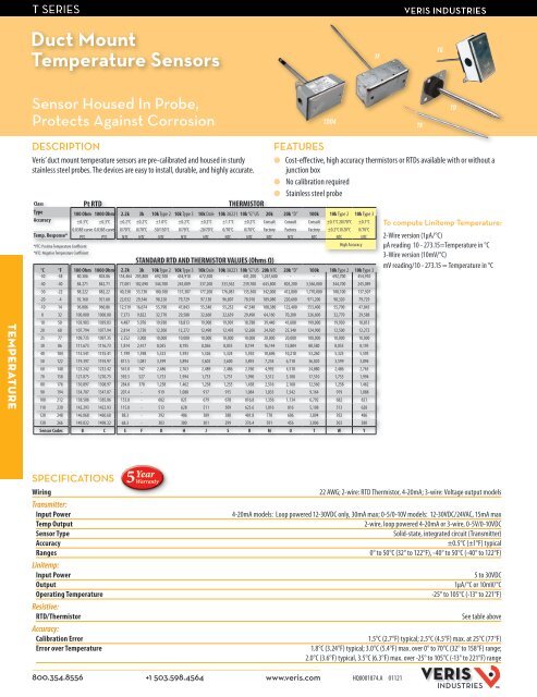 Duct Mount Temperature Sensors - Veris Industries