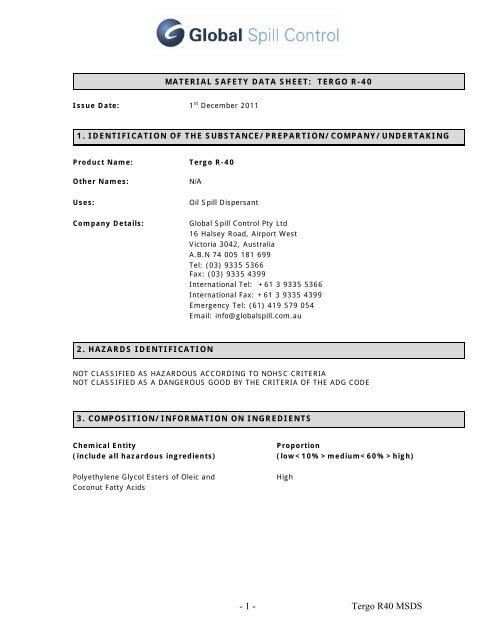Tergo R40 Dispersant SDS 2012 - Global Spill Control