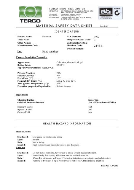 MATERIAL SAFETY DATA SHEET - Tergo Industries Ltd
