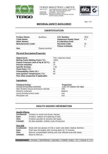 TERGO INDUSTRIES LIMITED MATERIAL SAFETY DATA SHEET ...
