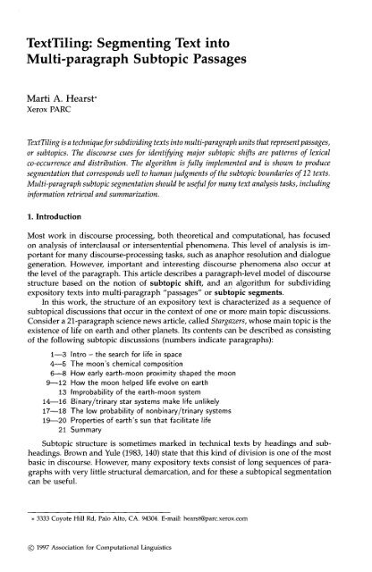 TextTiling: Segmenting Text into Multi-paragraph Subtopic Passages