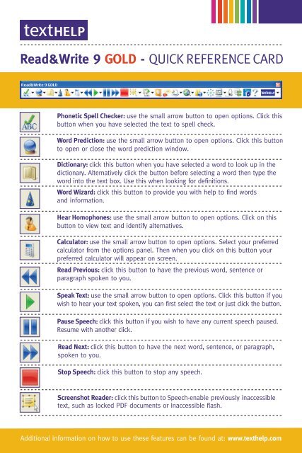 Read&Write 9 GOLD - QUICK REFERENCE CARD - Texthelp