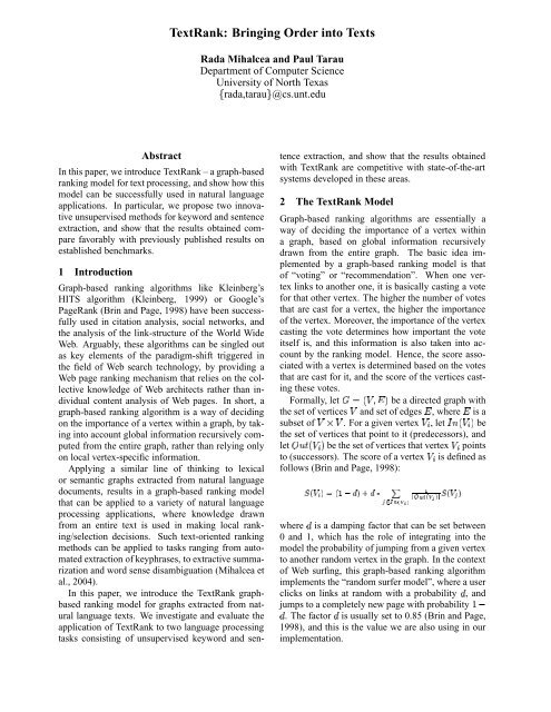 TextRank: Bringing Order into Texts