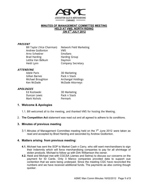 MINUTES OF MANAGEMENT COMMITTEE MEETING ... - ASMC