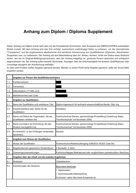 Anhang zum Diplom / Diploma Supplement - FH Kärnten