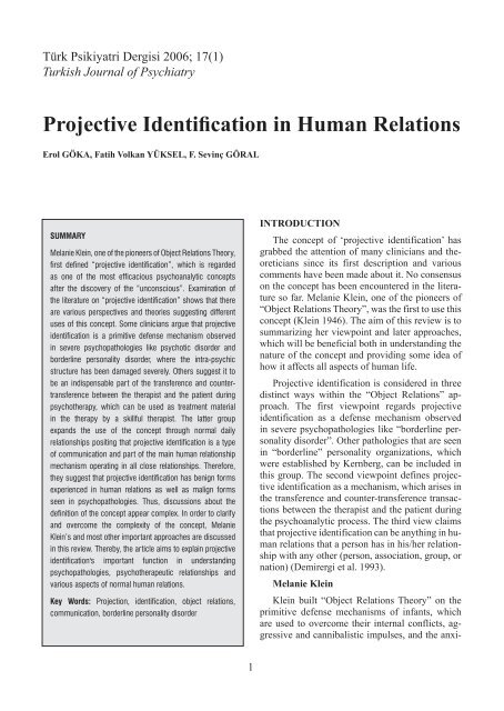 Projective Identification in Human Relations - Türk Psikiyatri Dergisi