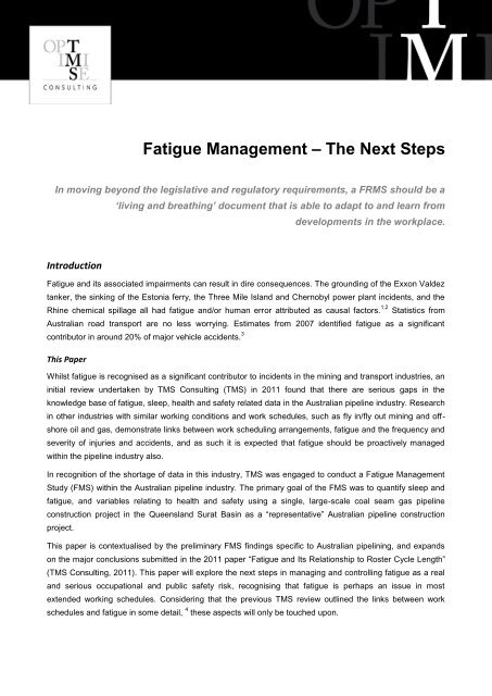 Fatigue Management – The Next Steps - TMS Consulting