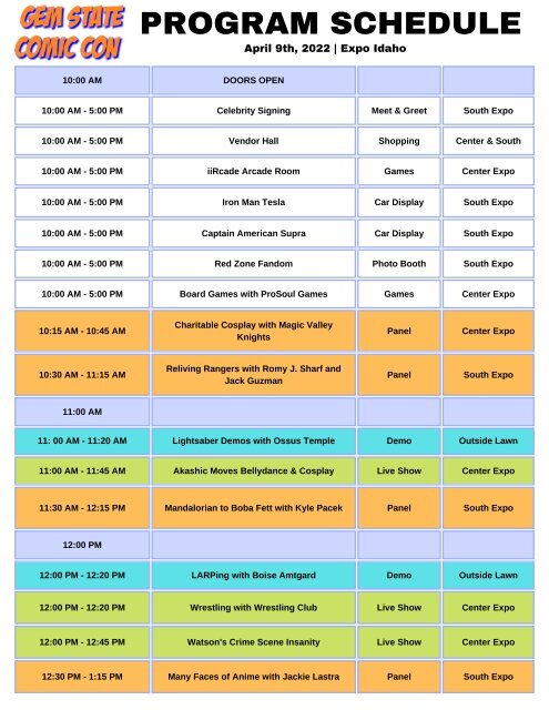 Gem State Comic Con 2022 Program Schedule