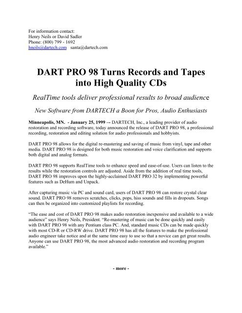 DART PRO 98 Turns Records and Tapes into High ... - DARTECH, Inc