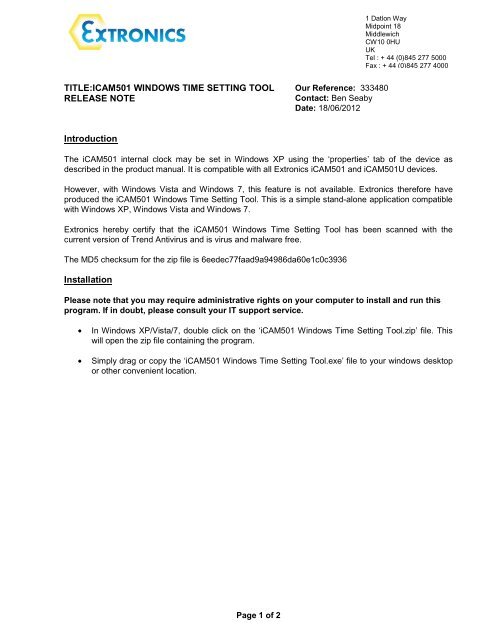 333480_01_iCAM501 Windows Time Setting Tool ... - Extronics
