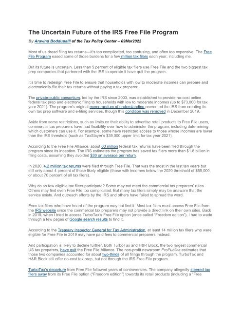 The Uncertain Future of the IRS Free File Program