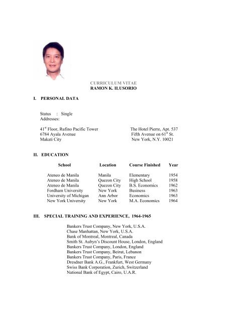 CURRICULUM VITAE RAMON K. ILUSORIO I. PERSONAL DATA ...