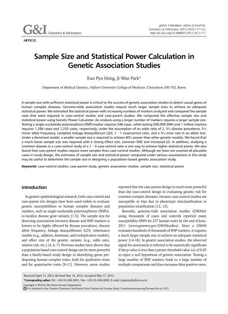 Sample Size and Statistical Power Calculation in Genetic ...