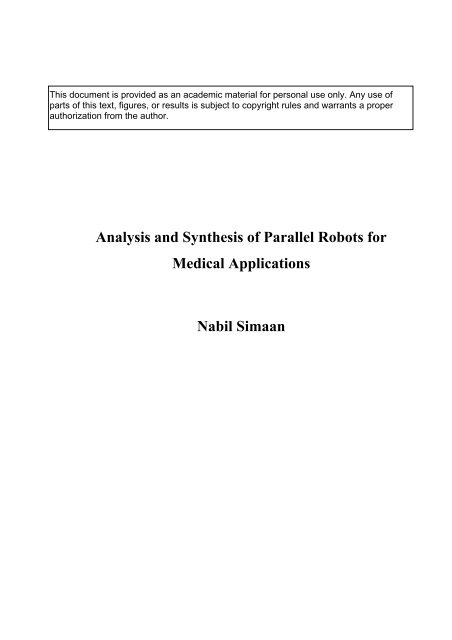 Analysis and Synthesis of Parallel Robots for Medical Applications ...