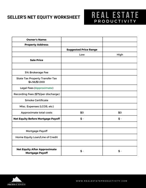 Seller's Net Equity Worksheet