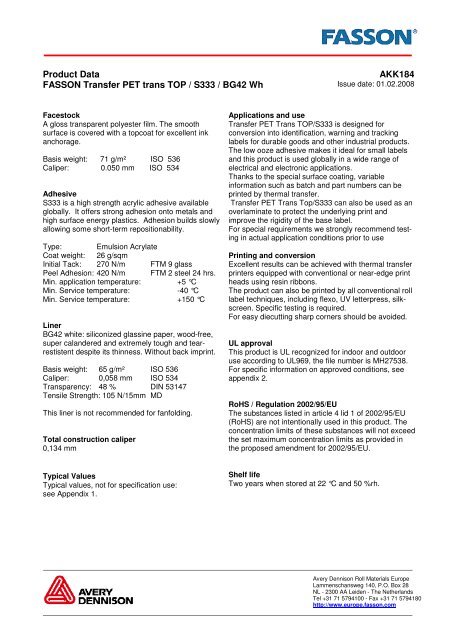 Product Data FASSON Transfer PET trans TOP ... - Fasson Europe