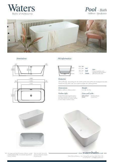 Pool Freestanding Bath Specification Sheet from Waters Baths of Ashbourne