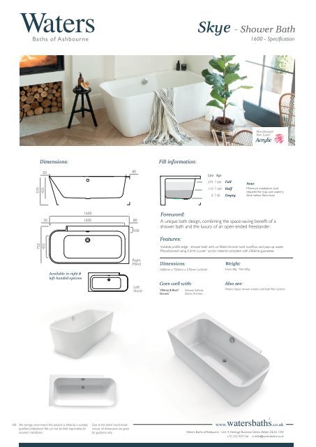 Skye Bath Specification Sheet from Waters Baths of Ashbourne