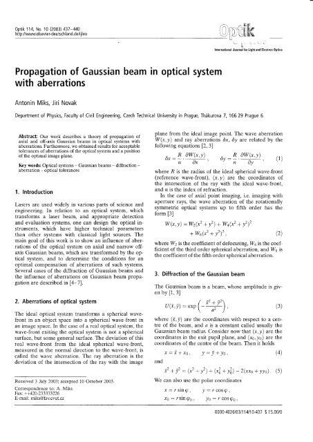Propagation of Gaussian beam in optical system with aberrations