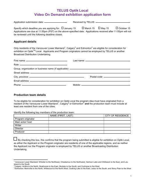 TELUS Optik Local Video On Demand exhibition application form