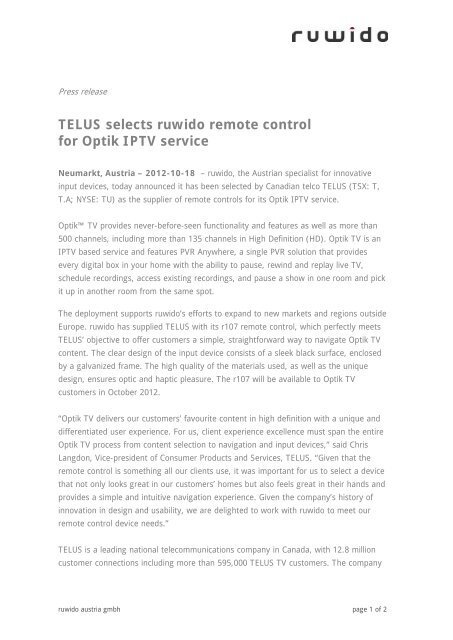 TELUS selects ruwido remote control for Optik IPTV service