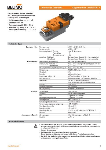 Technisches Datenblatt Klappenantrieb LM230ASR-TP - Belimo