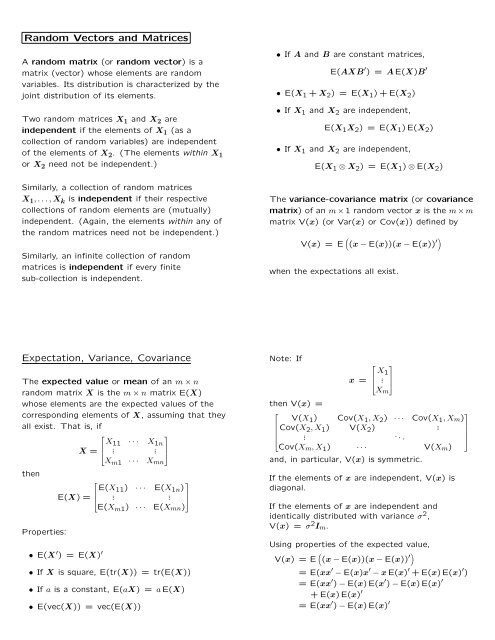 Random Vectors And Matrices Expectation Variance Covariance