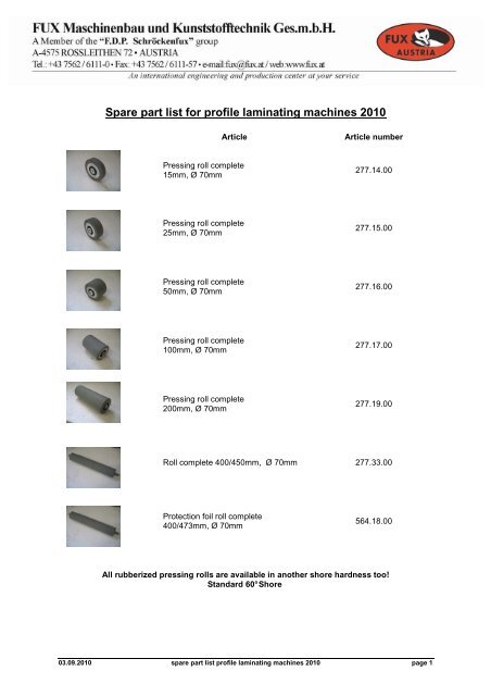 Spare part list for profile laminating machines 2010