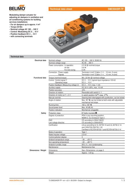 Technical data sheet SM230ASR-TP - Belimo