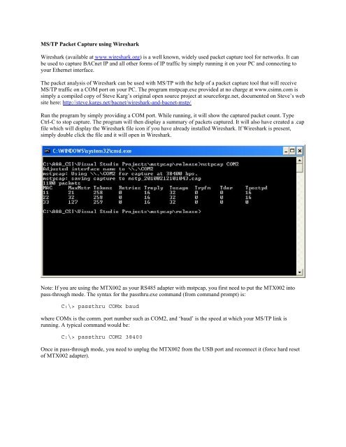MS/TP Packet Capture using Wireshark Wireshark (available at ...