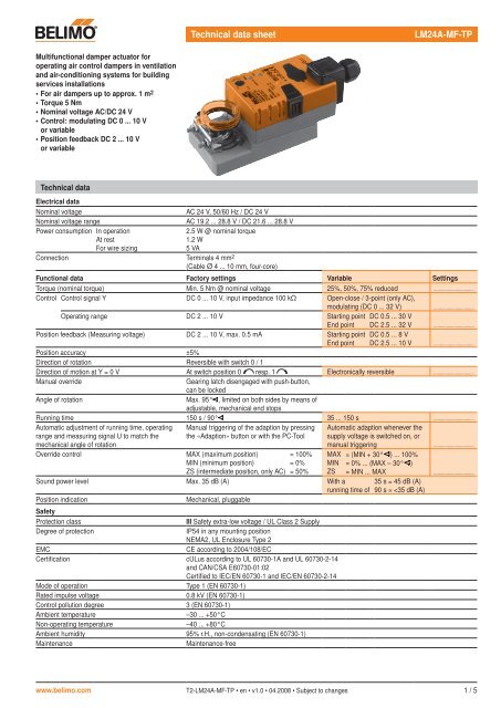 Technical data sheet LM24A-MF-TP - Belimo