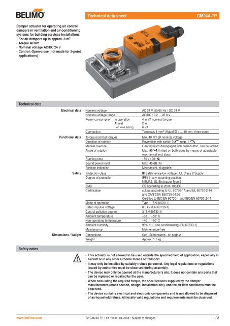 Technical data sheet GM24A-TP - Belimo