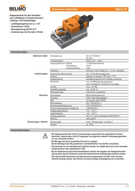Technisches Datenblatt NM24A-TP - Belimo