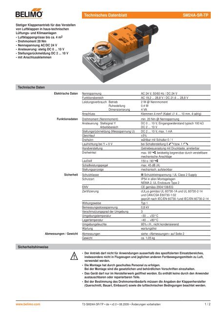 Technisches Datenblatt SM24A-SR-TP - Belimo