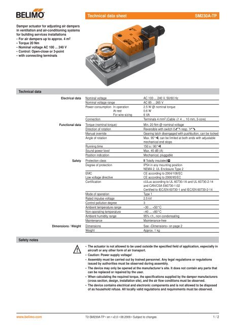 Technical data sheet SM230A-TP - Belimo