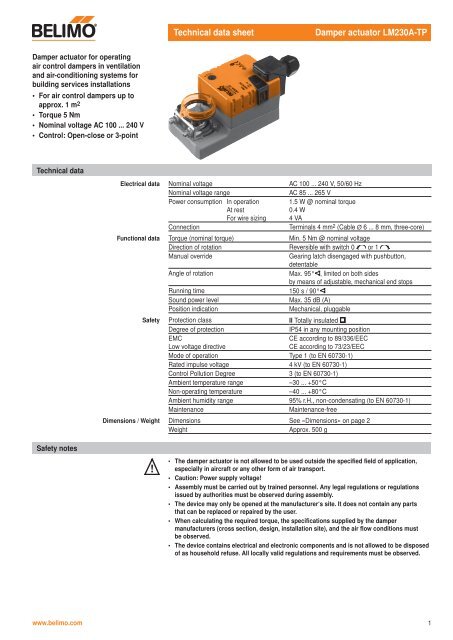 Technical data sheet Damper actuator LM230A-TP - Belimo