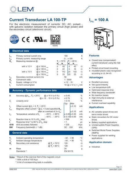 Current Transducer LA 100-TP - Europower Components Ltd