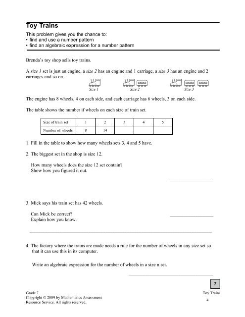 2009 Rubrics Grade 7 Toy Trains - North Bay Math Project