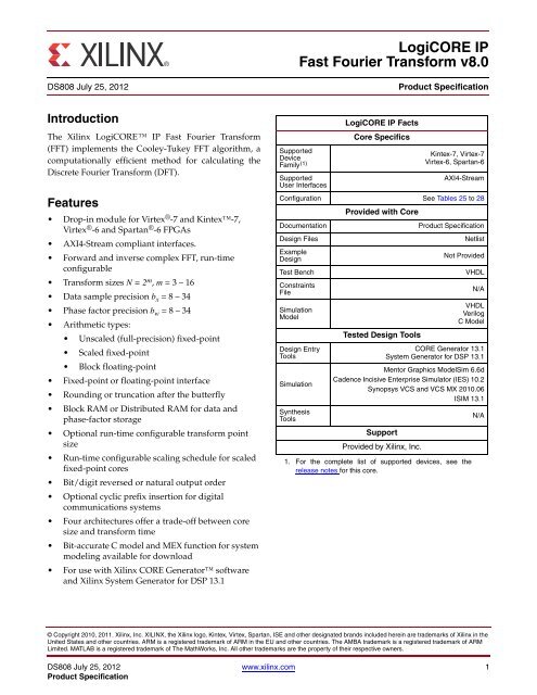 Xilinx Ds808 Logicore Ip Fast Fourier Transform V80 Data Sheet