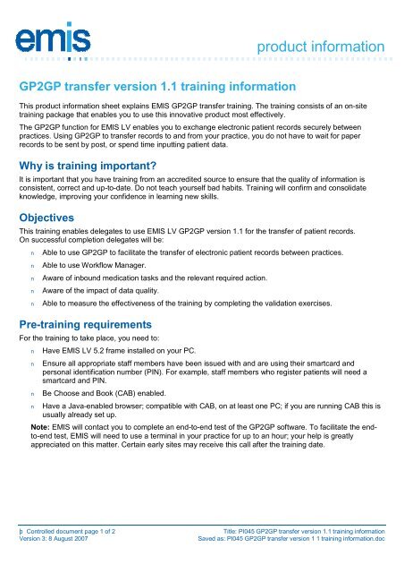 PI045 GP2GP transfer version 1 1 training information